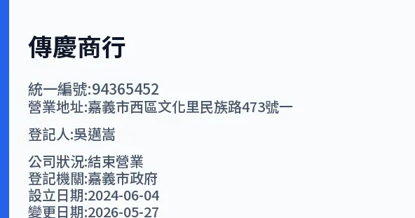 傳慶商行的照片-統編 94365452(嘉義市) 公司登記資料與營業項目詳細圖表