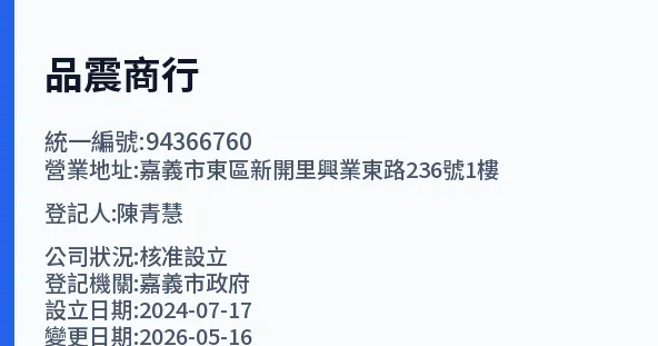 品震商行的照片-統編 94366760(嘉義市) 公司登記資料與營業項目詳細圖表