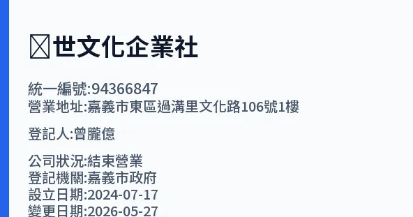 絶世文化企業社的照片-統編 94366847(嘉義市) 公司登記資料與營業項目詳細圖表