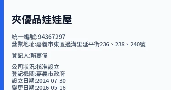 夾優品娃娃屋的照片-統編 94367297(嘉義市) 公司登記資料與營業項目詳細圖表