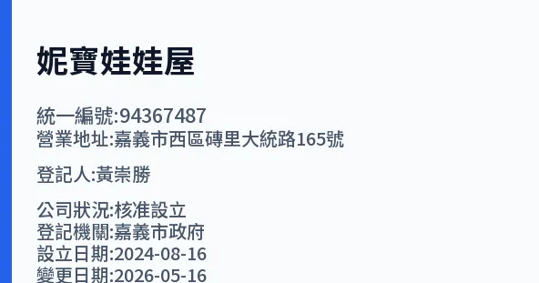 妮寶娃娃屋的照片-統編 94367487(嘉義市) 公司登記資料與營業項目詳細圖表