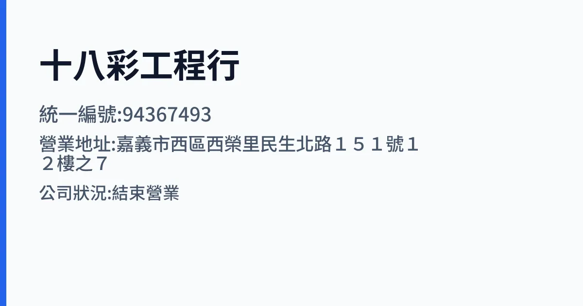 十八彩工程行 - 統編 94367493(嘉義市) 公司登記資料與營業項目詳細圖表