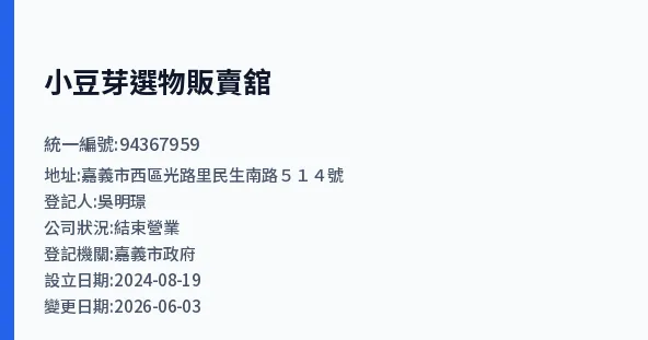 小豆芽選物販賣舘的照片-統編 94367959(嘉義市) 公司登記資料與營業項目詳細圖表