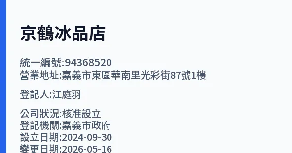 京鶴冰品店的照片-統編 94368520(嘉義市) 公司登記資料與營業項目詳細圖表
