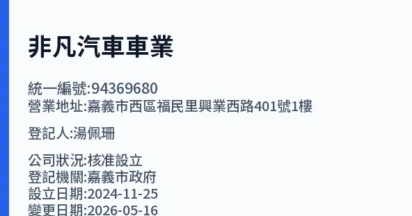 非凡汽車車業的照片-統編 94369680(嘉義市) 公司登記資料與營業項目詳細圖表