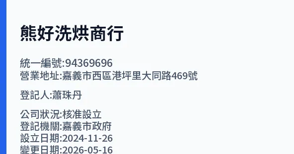 熊好洗烘商行的照片-統編 94369696(嘉義市) 公司登記資料與營業項目詳細圖表