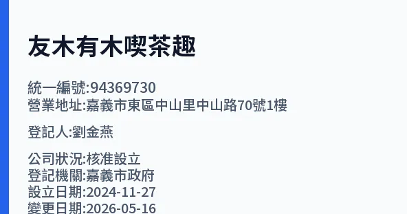 友木有木喫茶趣的照片-統編 94369730(嘉義市) 公司登記資料與營業項目詳細圖表