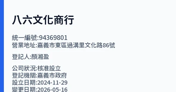 八六文化商行的照片-統編 94369801(嘉義市) 公司登記資料與營業項目詳細圖表