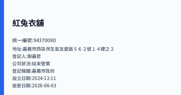 紅兔衣舖的照片-統編 94370080(嘉義市) 公司登記資料與營業項目詳細圖表
