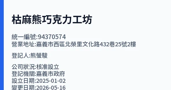 枯麻熊巧克力工坊的照片-統編 94370574(嘉義市) 公司登記資料與營業項目詳細圖表