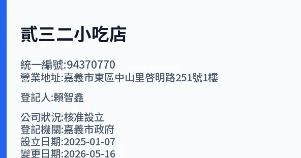 貳三二小吃店的照片-統編 94370770(嘉義市) 公司登記資料與營業項目詳細圖表