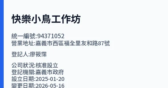 快樂小鳥工作坊的照片-統編 94371052(嘉義市) 公司登記資料與營業項目詳細圖表