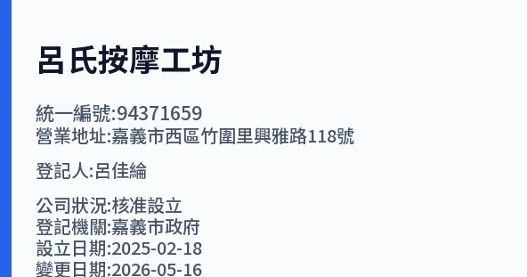 呂氏按摩工坊的照片-統編 94371659(嘉義市) 公司登記資料與營業項目詳細圖表