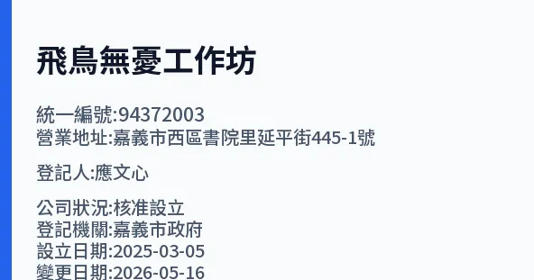 飛鳥無憂工作坊的照片-統編 94372003(嘉義市) 公司登記資料與營業項目詳細圖表