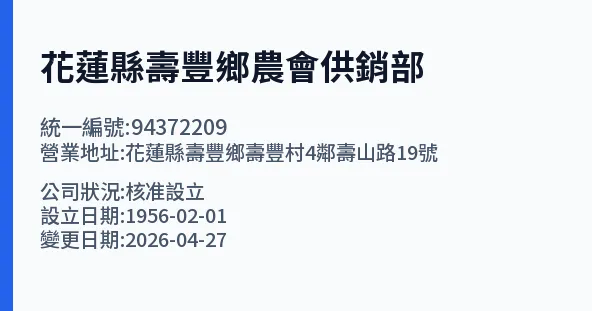 花蓮縣壽豐鄉農會供銷部的照片-統編 94372209(花蓮縣) 公司登記資料與營業項目詳細圖表