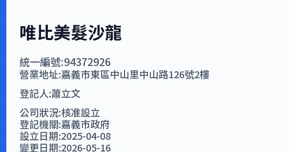 唯比美髮沙龍的照片-統編 94372926(嘉義市) 公司登記資料與營業項目詳細圖表
