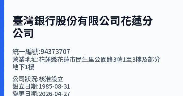 臺灣銀行股份有限公司花蓮分公司的照片-統編 94373707(花蓮縣) 公司登記資料與營業項目詳細圖表