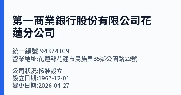 第一商業銀行股份有限公司花蓮分公司的照片-統編 94374109(花蓮縣) 公司登記資料與營業項目詳細圖表