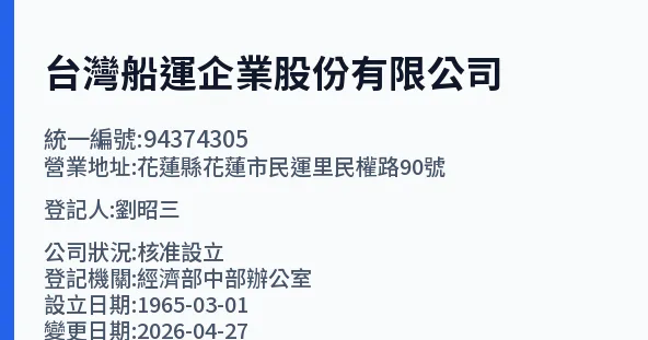 台灣船運企業股份有限公司的照片-統編 94374305(花蓮縣) 公司登記資料與營業項目詳細圖表