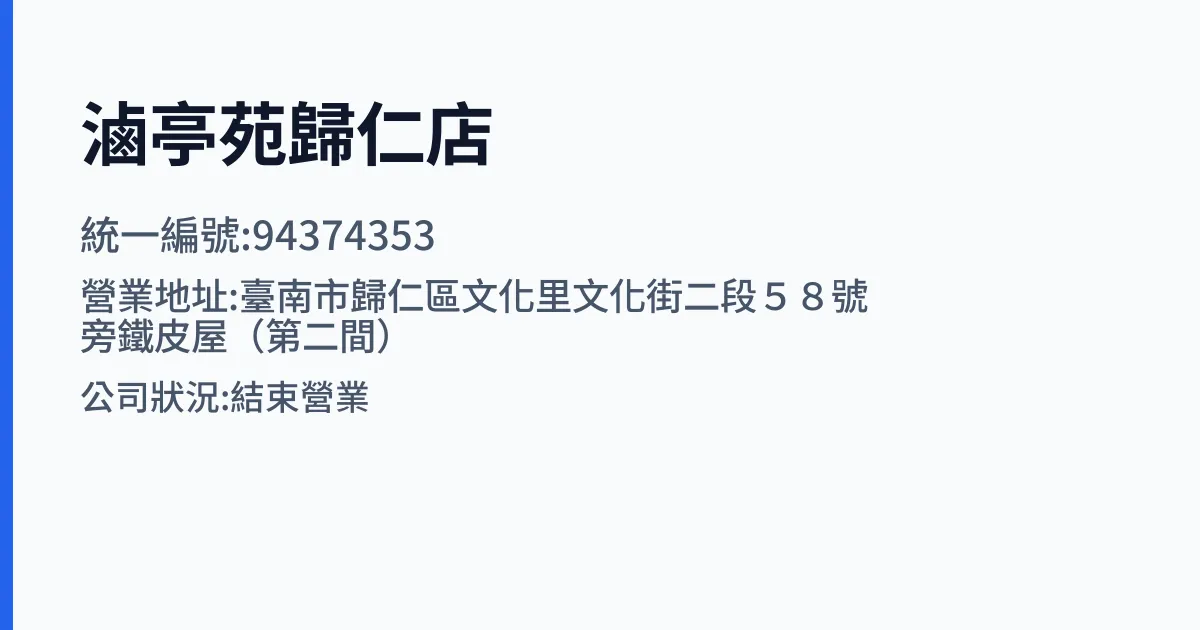 滷亭苑歸仁店 - 統編 94374353(臺南市) 公司登記資料與營業項目詳細圖表