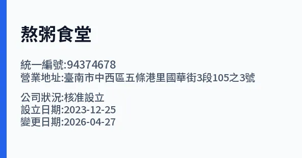 熬粥食堂的照片-統編 94374678(臺南市) 公司登記資料與營業項目詳細圖表