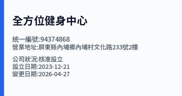 全方位健身中心的照片-統編 94374868(屏東縣) 公司登記資料與營業項目詳細圖表