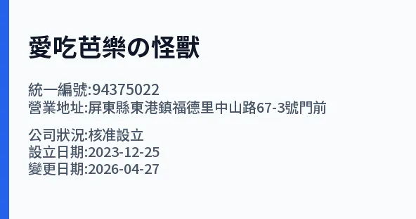 愛吃芭樂の怪獸的照片-統編 94375022(屏東縣) 公司登記資料與營業項目詳細圖表