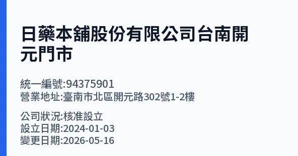 日藥本舖股份有限公司台南開元門市的照片-統編 94375901(臺南市) 公司登記資料與營業項目詳細圖表