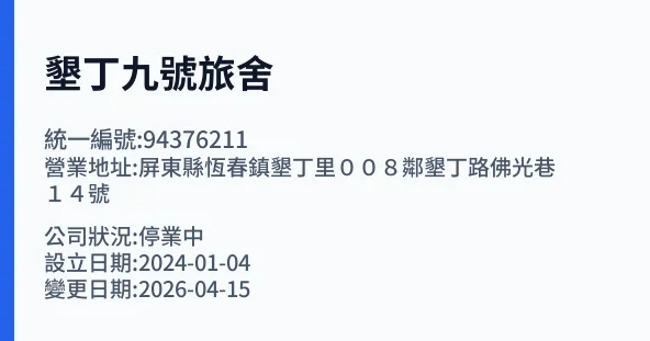 墾丁九號旅舍的照片-統編 94376211(屏東縣) 公司登記資料與營業項目詳細圖表