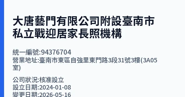 大唐藝門有限公司附設臺南市私立戰迎居家長照機構的照片-統編 94376704(臺南市) 公司登記資料與營業項目詳細圖表