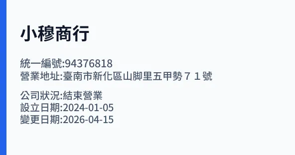 小穆商行的照片-統編 94376818(臺南市) 公司登記資料與營業項目詳細圖表