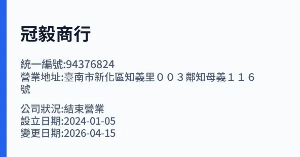 冠毅商行的照片-統編 94376824(臺南市) 公司登記資料與營業項目詳細圖表