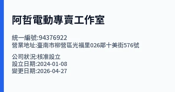 阿哲電動專賣工作室的照片-統編 94376922(臺南市) 公司登記資料與營業項目詳細圖表