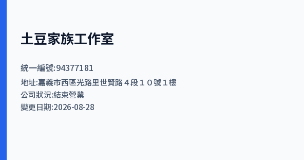 土豆家族工作室的照片-統編 94377181(嘉義市) 公司登記資料與營業項目詳細圖表