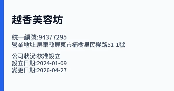 越香美容坊的照片-統編 94377295(屏東縣) 公司登記資料與營業項目詳細圖表