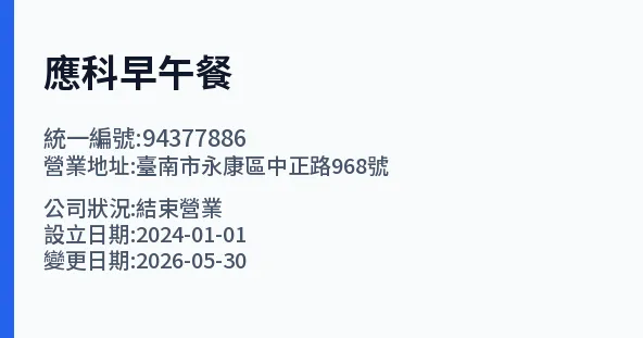 應科早午餐的照片-統編 94377886(臺南市) 公司登記資料與營業項目詳細圖表