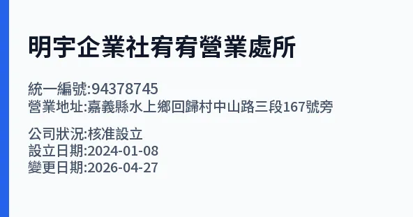 明宇企業社宥宥營業處所的照片-統編 94378745(嘉義縣) 公司登記資料與營業項目詳細圖表