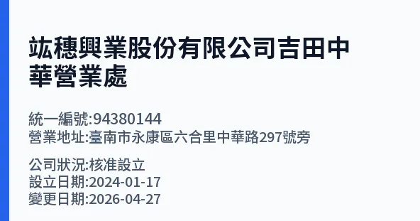 竑穗興業股份有限公司吉田中華營業處的照片-統編 94380144(臺南市) 公司登記資料與營業項目詳細圖表
