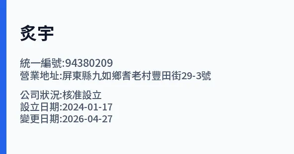 炙宇的照片-統編 94380209(屏東縣) 公司登記資料與營業項目詳細圖表