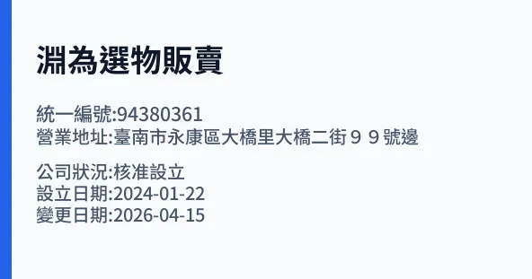 淵為選物販賣的照片-統編 94380361(臺南市) 公司登記資料與營業項目詳細圖表