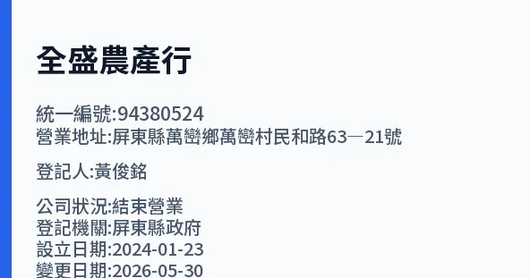 全盛農產行的照片-統編 94380524(屏東縣) 公司登記資料與營業項目詳細圖表