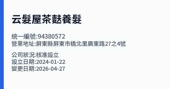 云髮屋茶麩養髮的照片-統編 94380572(屏東縣) 公司登記資料與營業項目詳細圖表