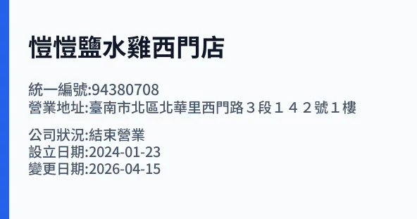 愷愷鹽水雞西門店的照片-統編 94380708(臺南市) 公司登記資料與營業項目詳細圖表