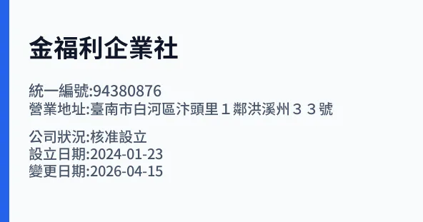 金福利企業社的照片-統編 94380876(臺南市) 公司登記資料與營業項目詳細圖表