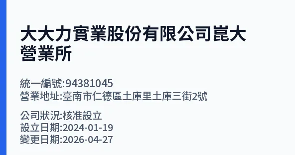 大大力實業股份有限公司崑大營業所的照片-統編 94381045(臺南市) 公司登記資料與營業項目詳細圖表