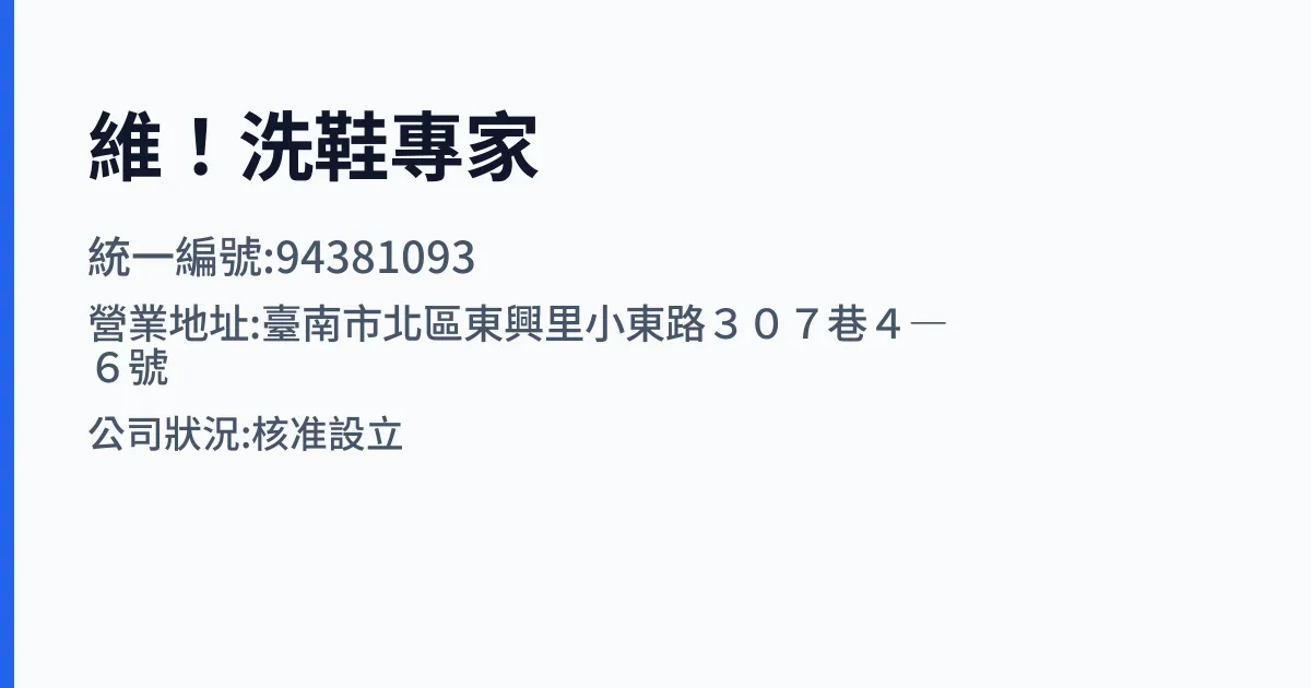 維！洗鞋專家 - 統編 94381093(臺南市) 公司登記資料與營業項目詳細圖表