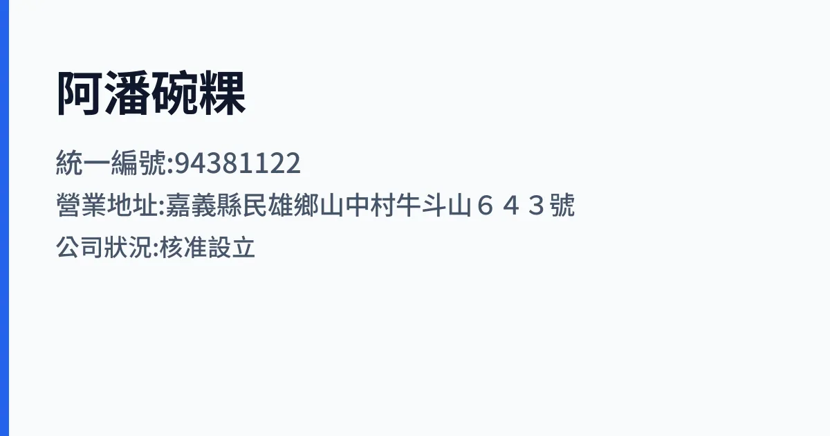 阿潘碗粿 - 統編 94381122(嘉義縣) 公司登記資料與營業項目詳細圖表