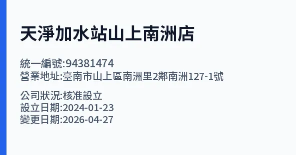 天淨加水站山上南洲店的照片-統編 94381474(臺南市) 公司登記資料與營業項目詳細圖表