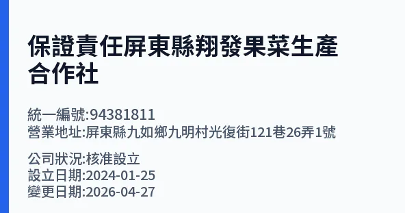 保證責任屏東縣翔發果菜生產合作社的照片-統編 94381811(屏東縣) 公司登記資料與營業項目詳細圖表