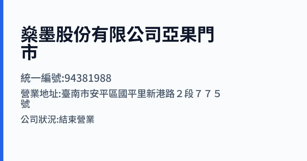 燊墨股份有限公司亞果門市 - 統編 94381988(臺南市) 公司登記資料與營業項目詳細圖表